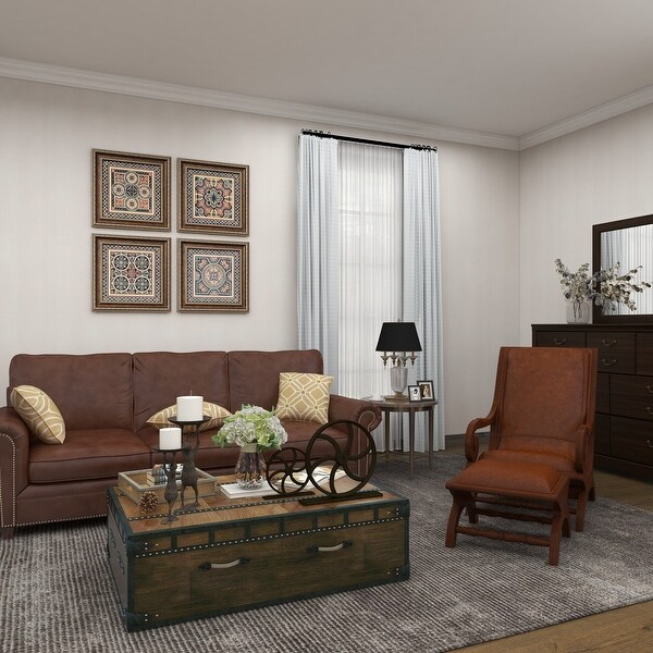 Brown Teak Wood Handmade Upholstered Leather Accent Chair with Ottoman with Scrollwork and High Back On Sale Bed Bath Beyond 32139805