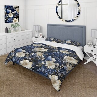 Designart "Deep Indigo Moonlit Flowers" Floral bedding covert set with ...