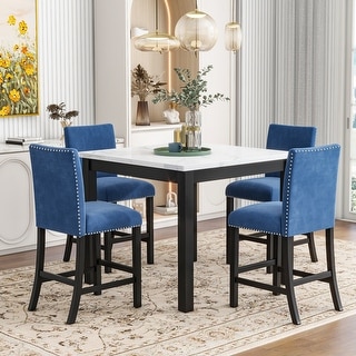 5-Piece Counter Height Dining Table Set, Faux Marble Top Square Table ...