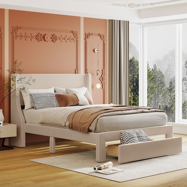 Storage Cushion Platform Bed with Velvet Headboard and A Large Drawer Supported by 10 Reinforced Flat Noodles Beige Bed Bath Beyond 40162301