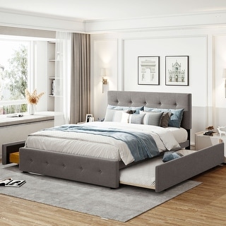 Efficient Queen Size Linen Fabric Platform Bed with 2 Drawers and ...