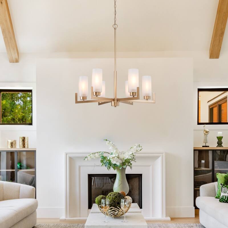 Modern Gold 6-Light Frosted Glass Shade Wagon Wheel Chandelier for ...