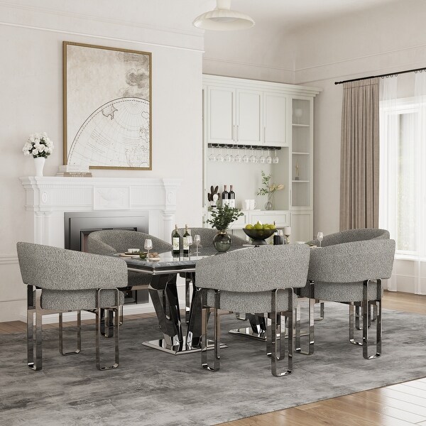 Mid Century Modern Grey Boucle Upholstered Dining Chairs with Silver Metal Legs Bed Bath Beyond 41771357