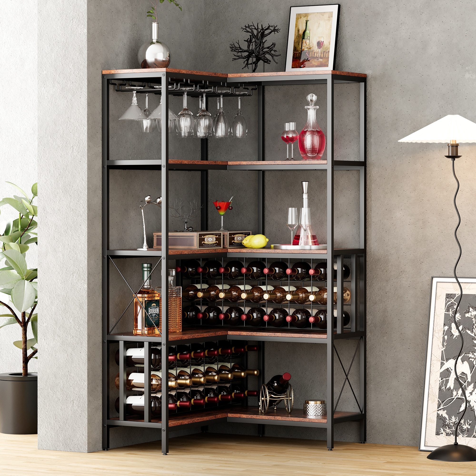 5 Tier Freestanding Wine Rack with Hanging Wine Glass Holder - Bed Bath ...