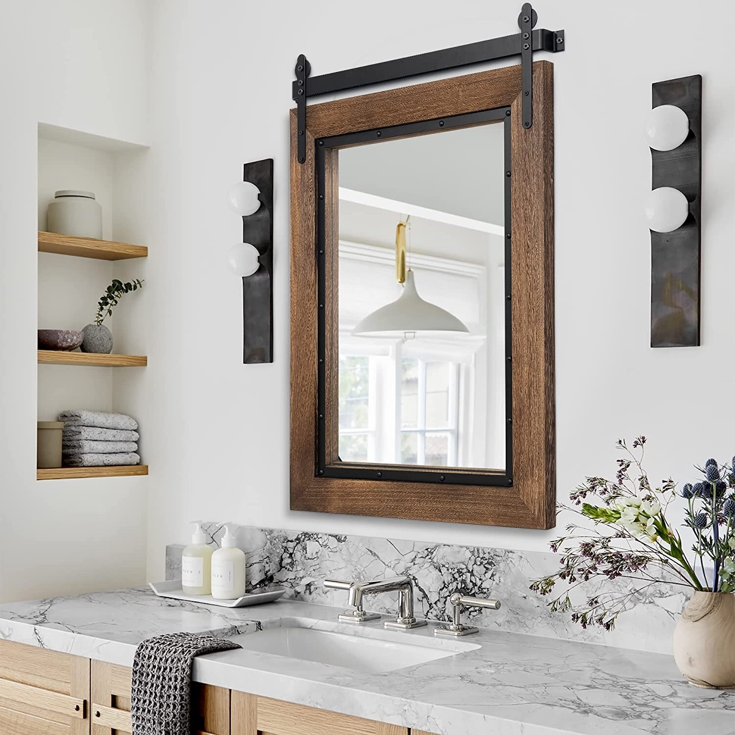 Barn door bathroom cabinet with mirror store