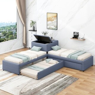 L-shaped Upholstered Platform Bed with Trundle and Built-in Storage - 3 ...