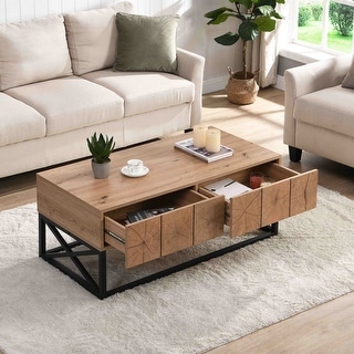 Wood Pattern Coffee Table 2 Drawer Metal Frame Living Room - Bed Bath ...