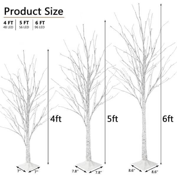 Set of 3 Lighted Birch Tree 4FT 5FT and 6FT, LED Artificial Tree with ...
