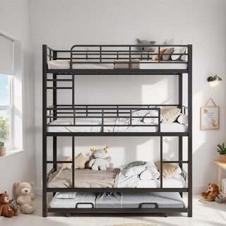 Twin Size Triple Bunk Bed With Pull Handle Trundle, Metal Bed with ...