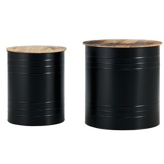 2Pcs Farmhouse Side Table With Storage, Round Wood Lid Rustic Storage ...