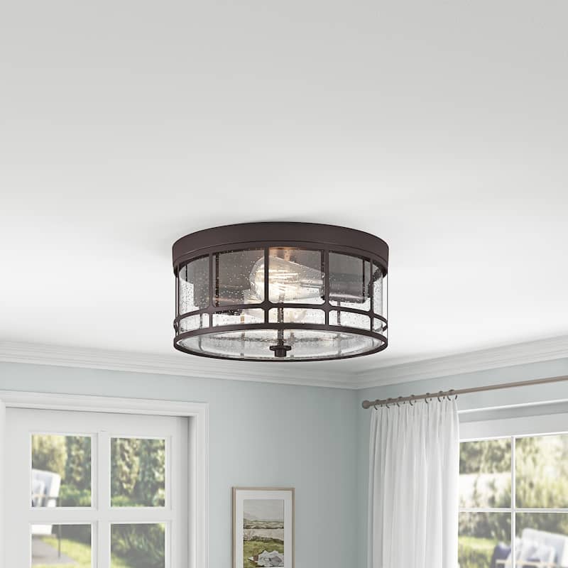 Oil Rubbed Bronze 2-Light Flush Mount Ceiling Light with Seeded Glass ...
