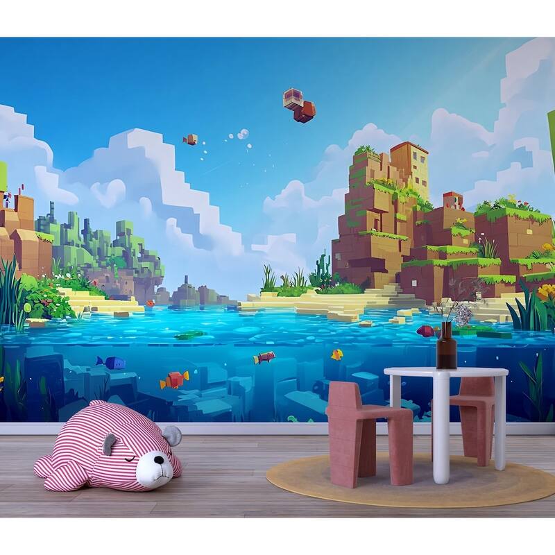 Blocks Ocean Wall Mural for Kids Pixel Art Adventure Room Decor ...