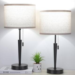 Set of 2 Bedside Table Lamp, Pull Chain Nightstand Lamps - E26 - Bed ...