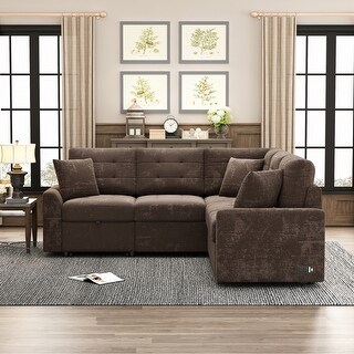 82.6" L-shape Sectional Sofa w/Pull-out Sofa Velvet Convertible Sleeper ...
