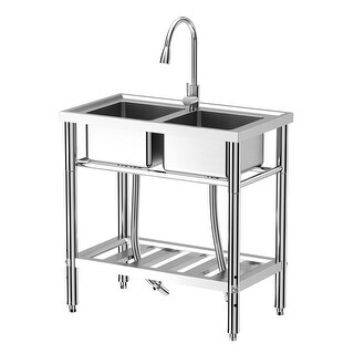 33x18x30 Inch Free Standing Dual Bowl Kitchen Utility Sink with Faucet ...