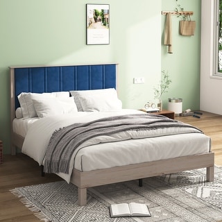 Grey King Bedstead, with Wooden Headboard and Plank Support, Simple and ...
