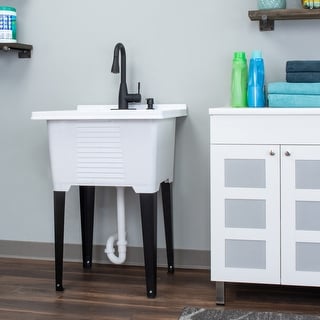TEHILA Glossy White Utility Sink Laundry Tub with Faucet and Side ...