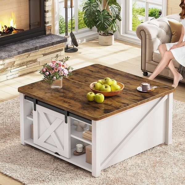 Lift Top Coffee Table Sliding Barn Door Cocktail Table Storage Shelf ...
