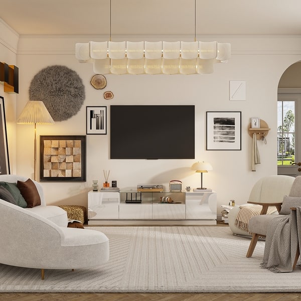 White LED TV Stand 70" TV High Gloss TV Entertainment Center Glass Top ...