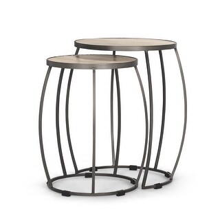 Clapp Round Light Brown W/ White Wash Wood and Silver Metal Nesting Accent Tables (Set of 2 ...