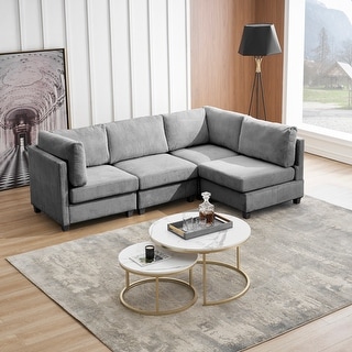 Dark Gray L-shape Sofa Sets Corduroy Sectionals with Chaise Ottomans ...