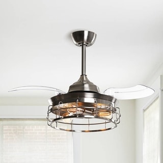 36-inch Industrial Satin Nickel 3-Light 3-Blade Retractable Caged ...