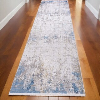 HomeRoots 10' Ivory Gray and Blue Abstract Power Loom Runner Rug With ...