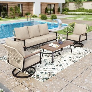 MAISON ARTS Outdoor Patio Conversation Set with Cushioned Woven Rattan Armchairs for Backyard ...