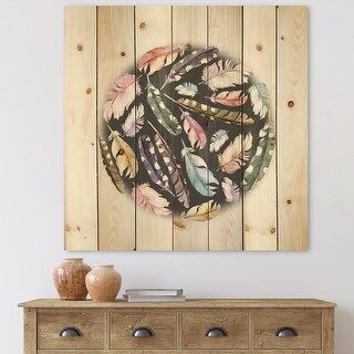 Designart 'Colorful Boho Feathers In Circle' Bohemian & Eclectic Print on Natural Pine Wood ...