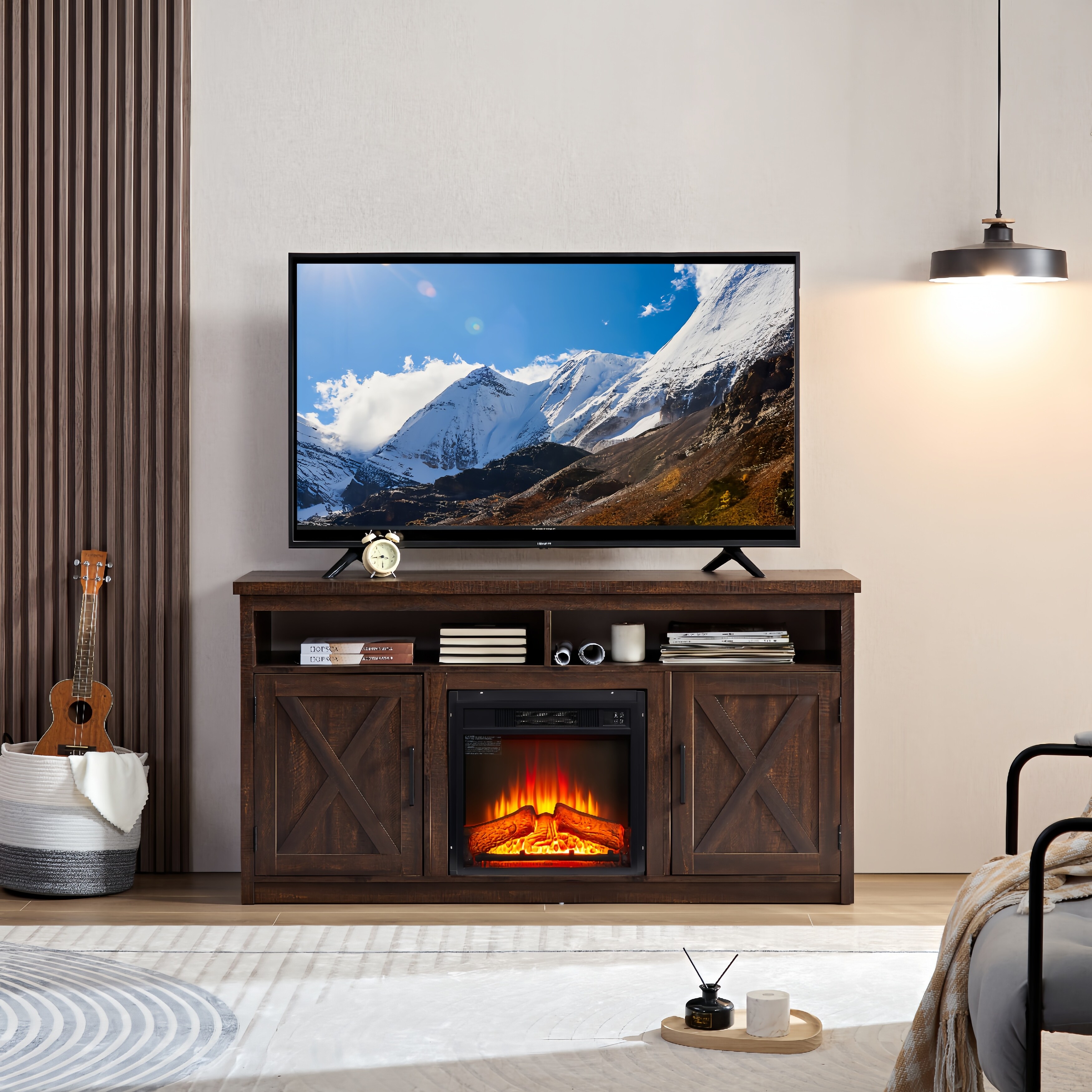 with 18 inch Fireplace Insert for TVS Up to 65 Inches with Open Shelving and Enclosed Cabinets Espresso Color Espresso