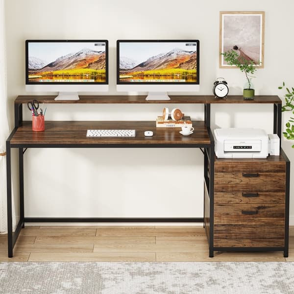 63" Computer Desk with Monitor Stand, Ergonomic Home Office Desks with ...