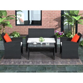 4 Piece Patio Set All-Weather Rattan Loveseat and Chairs with Tempered ...