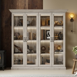 Glass Display Cabinet w/Light Tempered Glass Rustic Gray Oak Finish ...