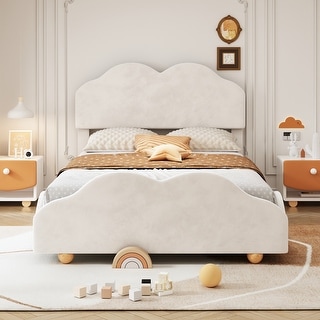Full Size Beige Velvet Upholstered Platform Bed w/ Cloud Shaped Bed ...