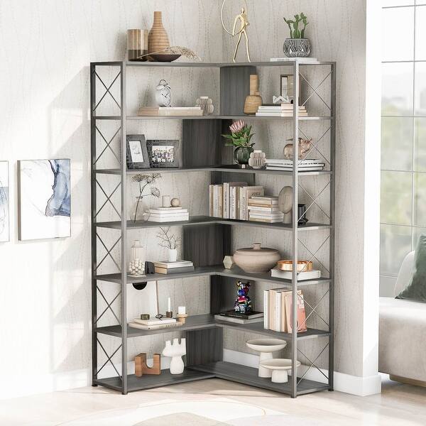 Industrial Style Metal Frame L-Shaped Corner 7-Tier Bookshelf with Open ...