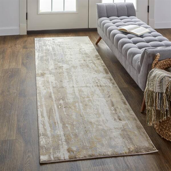 Distressed Abstract Ivory/Brown Contemporary Modern Rug - On Sale - Bed ...