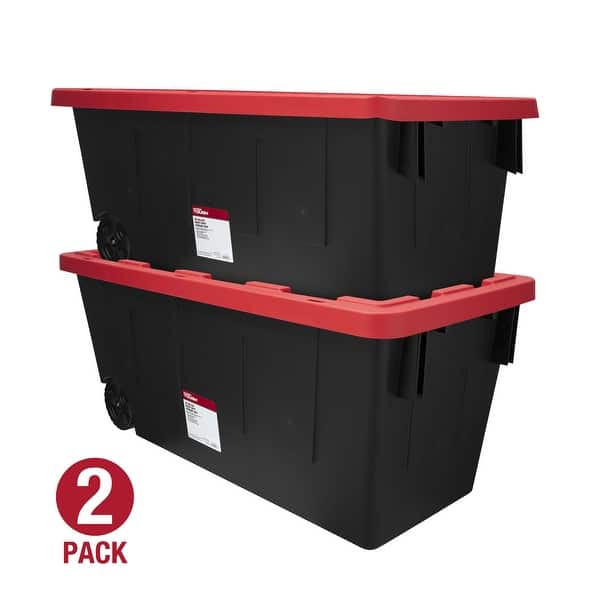 50 Gallon Snap Lid Wheeled Plastic Storage Tote, Black Base/Red Lid ...