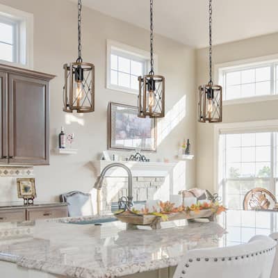 Anmytek Modern Farmhouse 1-Light Wood Square Pendant Light Cage Kitchen ...