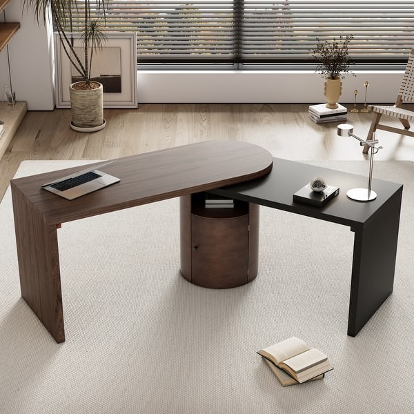 88.9" Modern Walnut 360° Rotating L Shaped Desk with 1 Cabinet and Open ...