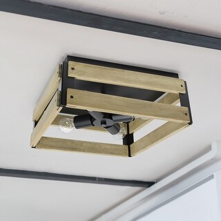 14" Rustic Industrial 4 Light Squared Metal and Wood Crate Ceiling ...