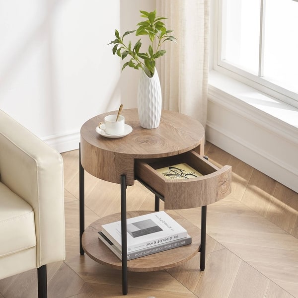 Rustic 2 Tier Wood Circle End Table with Drawer - On Sale - Bed Bath ...