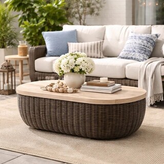 Kimo Outdoor Cocktail Coffee Table, Brown Wicker Details, 50 Inch - Bed ...