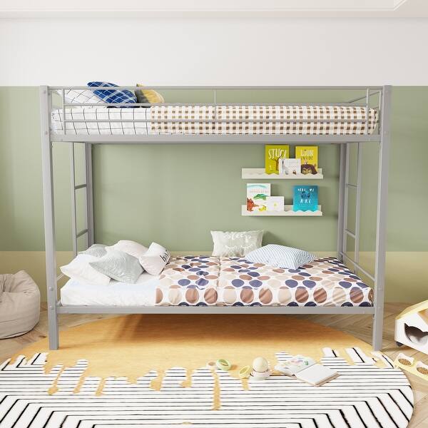 Modern Metal Bunk Bed Twin Over Twin With Shelf And Slatted Support ...
