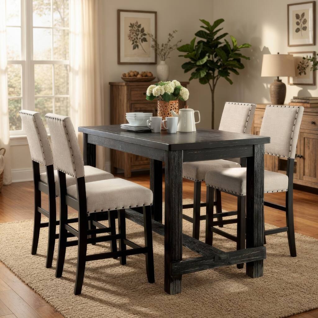Bega 4pc Counter Height Table, Bench n Chair Set, Ivory Fabric, Black ...
