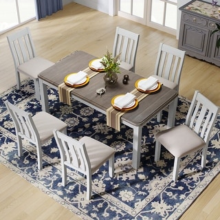 7-Piece Dining Table Set with Extendable Table and 6 Upholstered Chairs ...