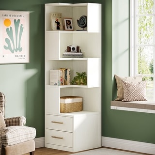 White Corner Bookcase Bookshelf with Storage Shelves and 2 Drawers ...