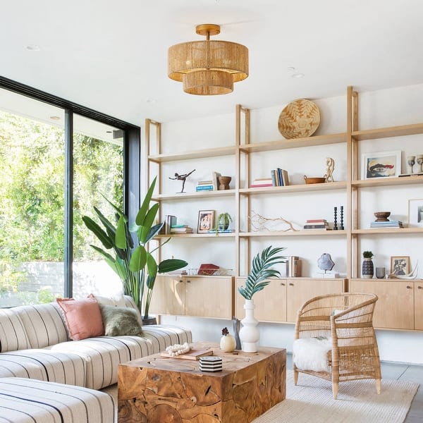 Bohemian Brown Hemp Rope 3-Light Semi-Flush Mount Ceiling Light - 15.4 ...