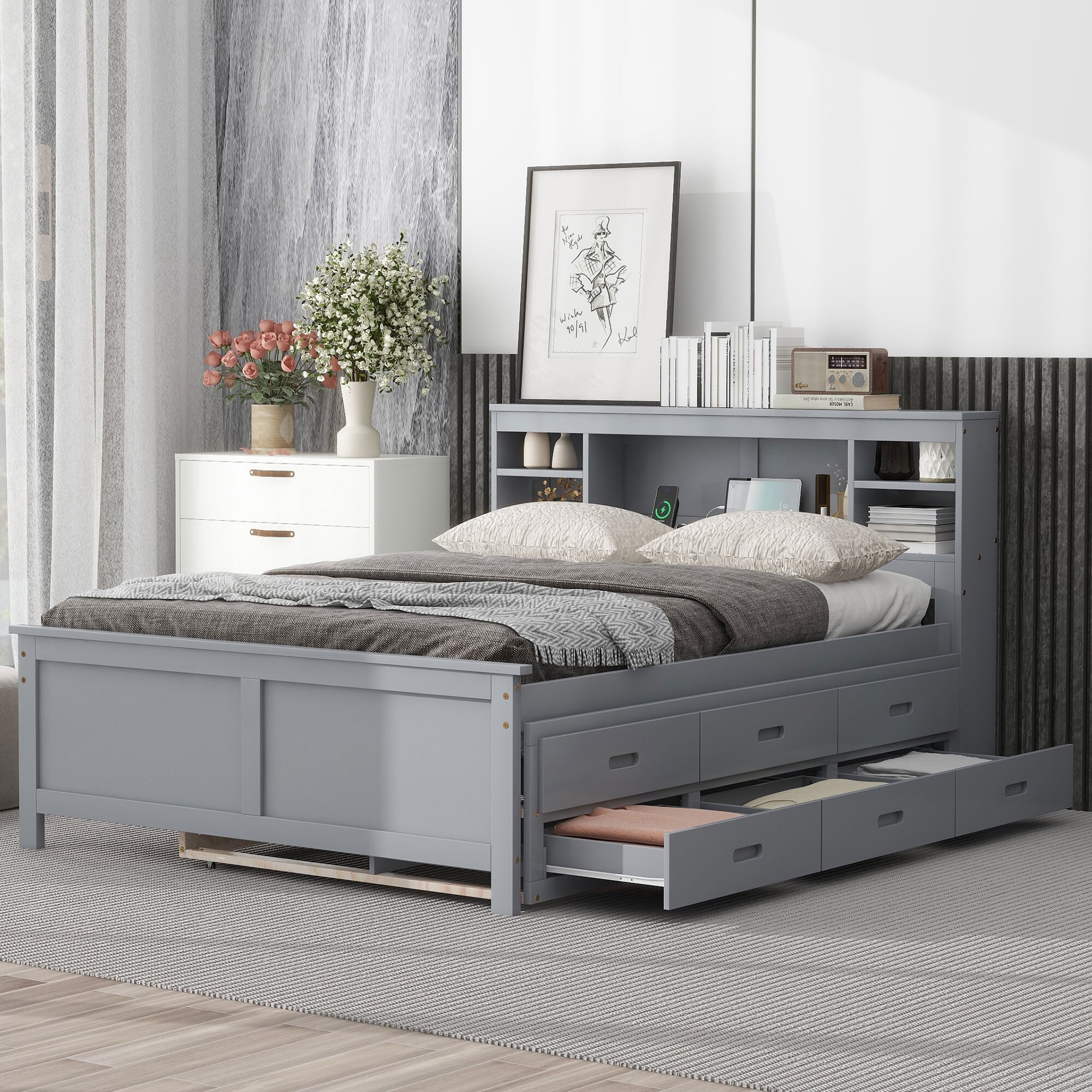 Full Captain Bed Space Saving Platform Bed Frame with Storage Headboard and USB Port Twin Size Trundle and 3 Drawers Grey On Sale Bed Bath Beyond 39700209