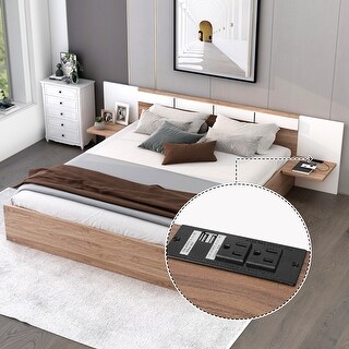 Sockets Design Queen Size Platform Bed with Two Drawers, Shelves, USB ...