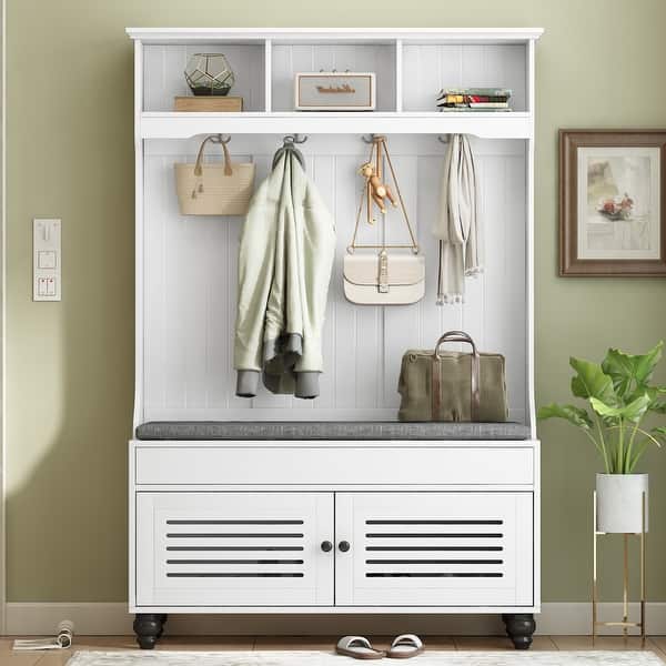 White Hall Tree Bench with Shutter Doors & Hooks - Bed Bath & Beyond ...